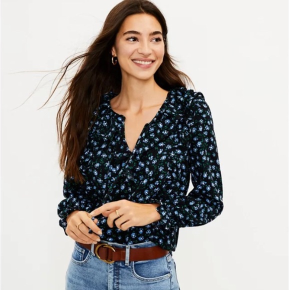 LOFT | Tops | Loft Blue Floral Ruffle Blouse | Poshmark